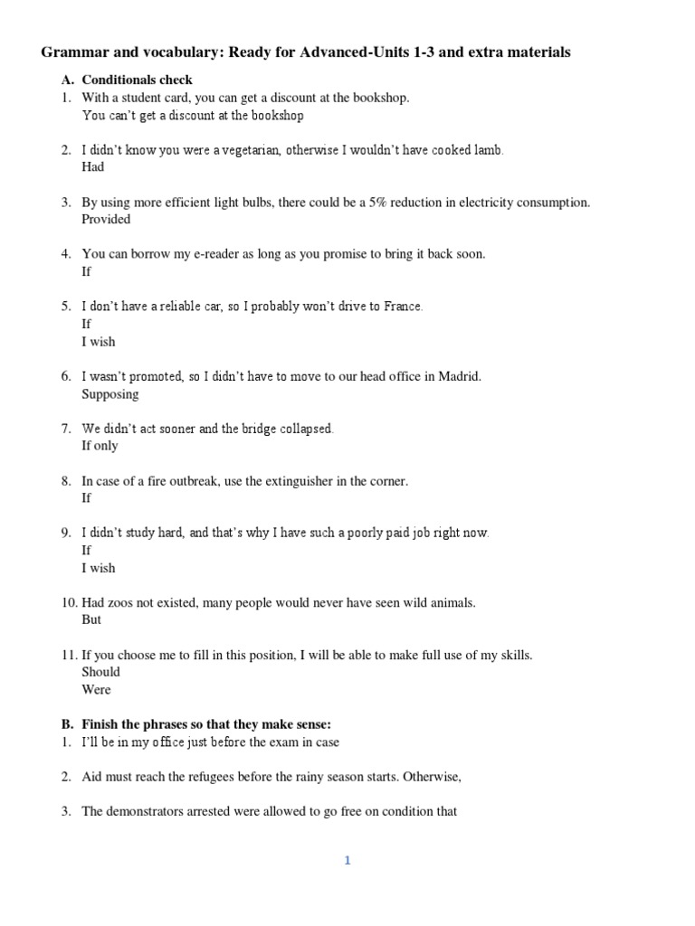 Grammar and Vocabulary Check CAE Units 1-3 | PDF | Verb | Adjective