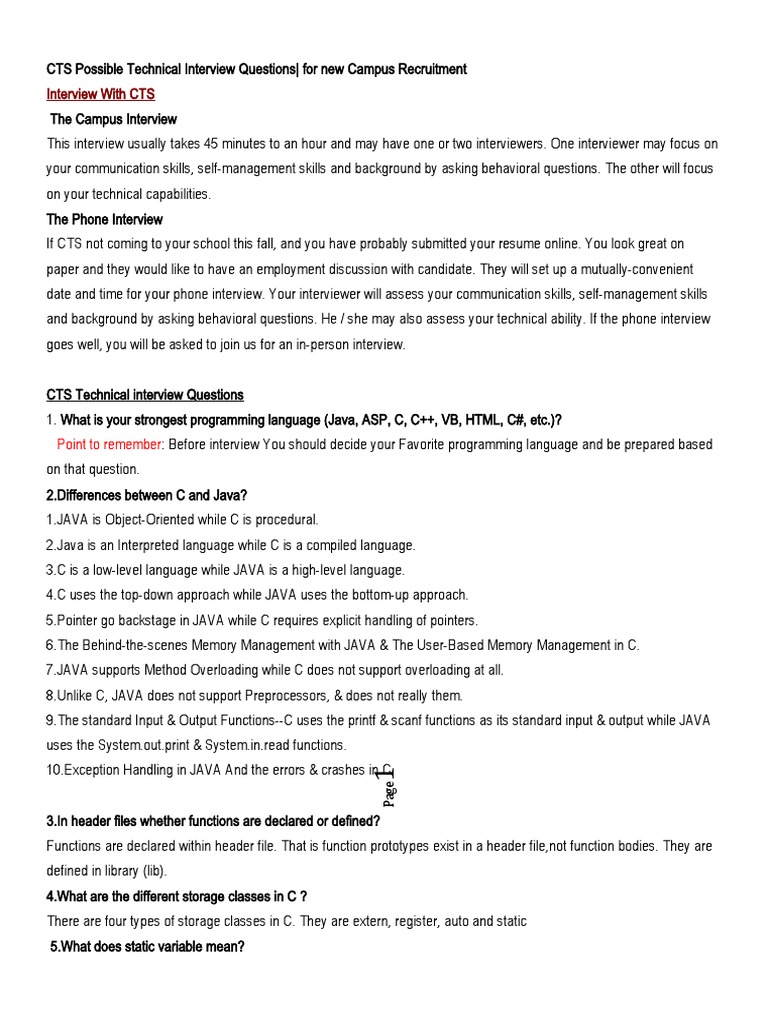 CTS Possible Technical Interview Questions | PDF | Constructor (Object Oriented Programming ...