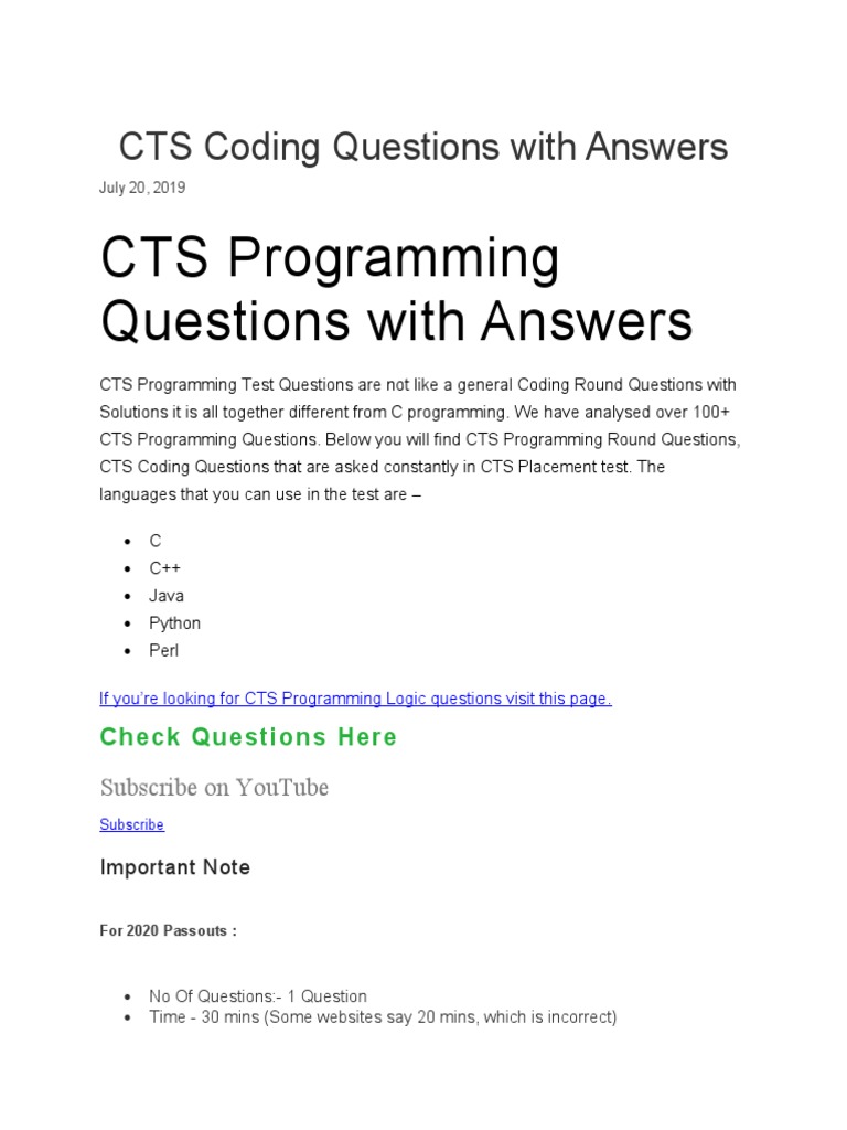 CTS Coding Questions With Answers | PDF | Software | Software Engineering