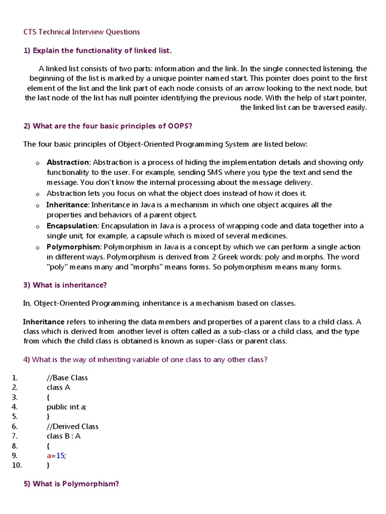 1 Explain The Functionality Of Linked List Cts Technical Interview Questions Pdf Pointer 