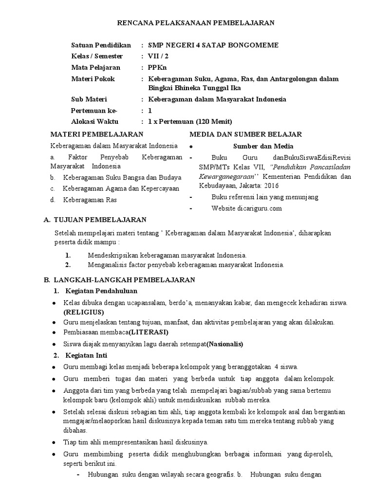 RPP PKN KLS 7 1 Lembar Bab 4 | PDF