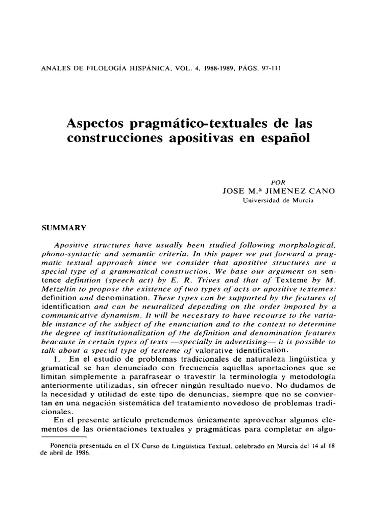 Aspectos Pragmaticos Textuales de Las Construcciones Apositivas en ...