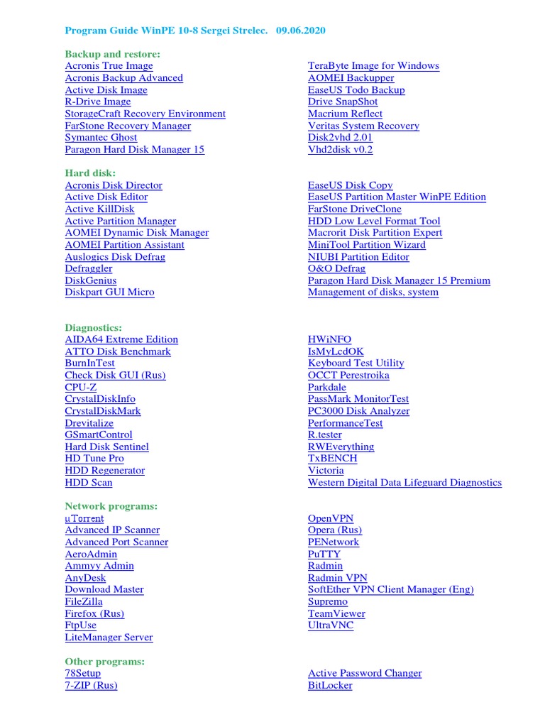 Program Guide WinPE 10-8 Sergei Strelec | PDF | Backup | Hard Disk Drive