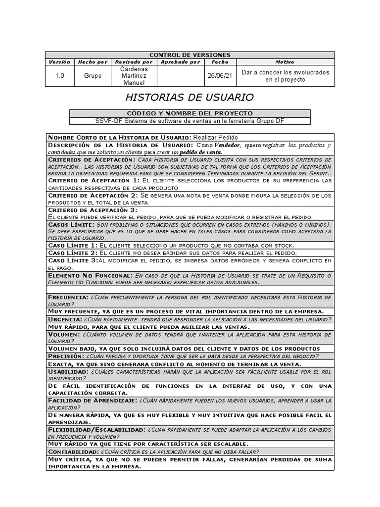 FGAP100 - Historias de Usuario (Realizar Pedido) | PDF | Usuario ...
