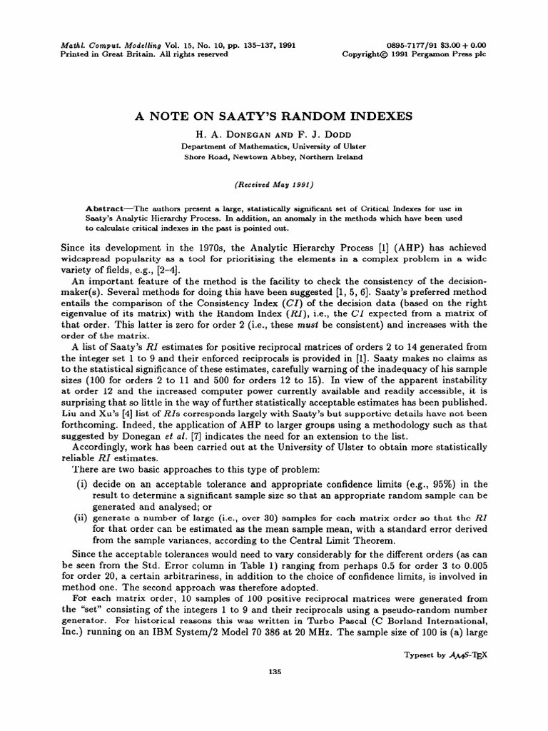 A Note On Saaty'S Random Indexes: CI RI | PDF | Matrix (Mathematics ...