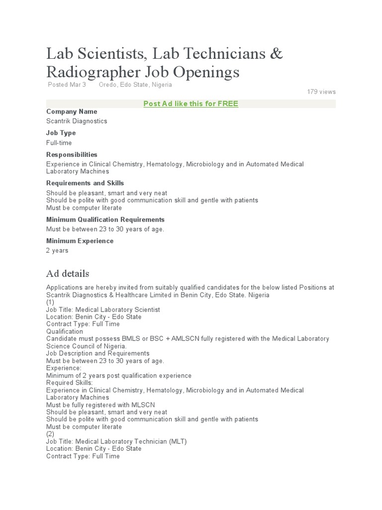 Lab Scientists, Lab Technicians & Radiographer Job Openings: Ad Details ...
