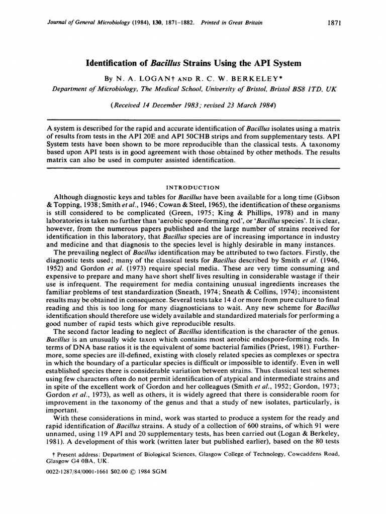 Identification of Strains Using The API System: Bacillus | PDF ...