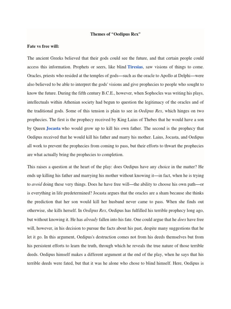 Themes of "Oedipus Rex" Fate Vs Free Will:: Tiresias | PDF