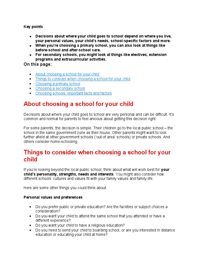 About Choosing A School For Your Child: On This Page | PDF | Schools ...