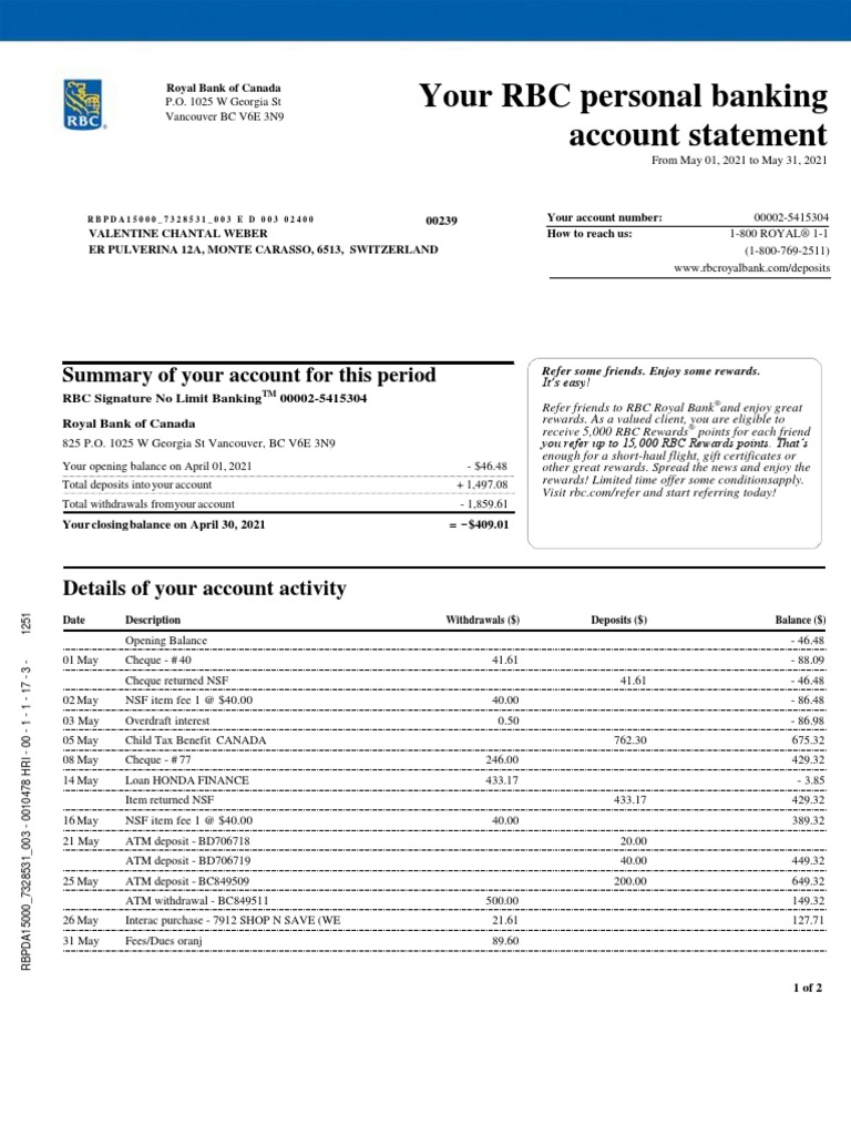 Your RBC Personal Banking Account Statement | PDF | Automated Teller Machine | Cheque