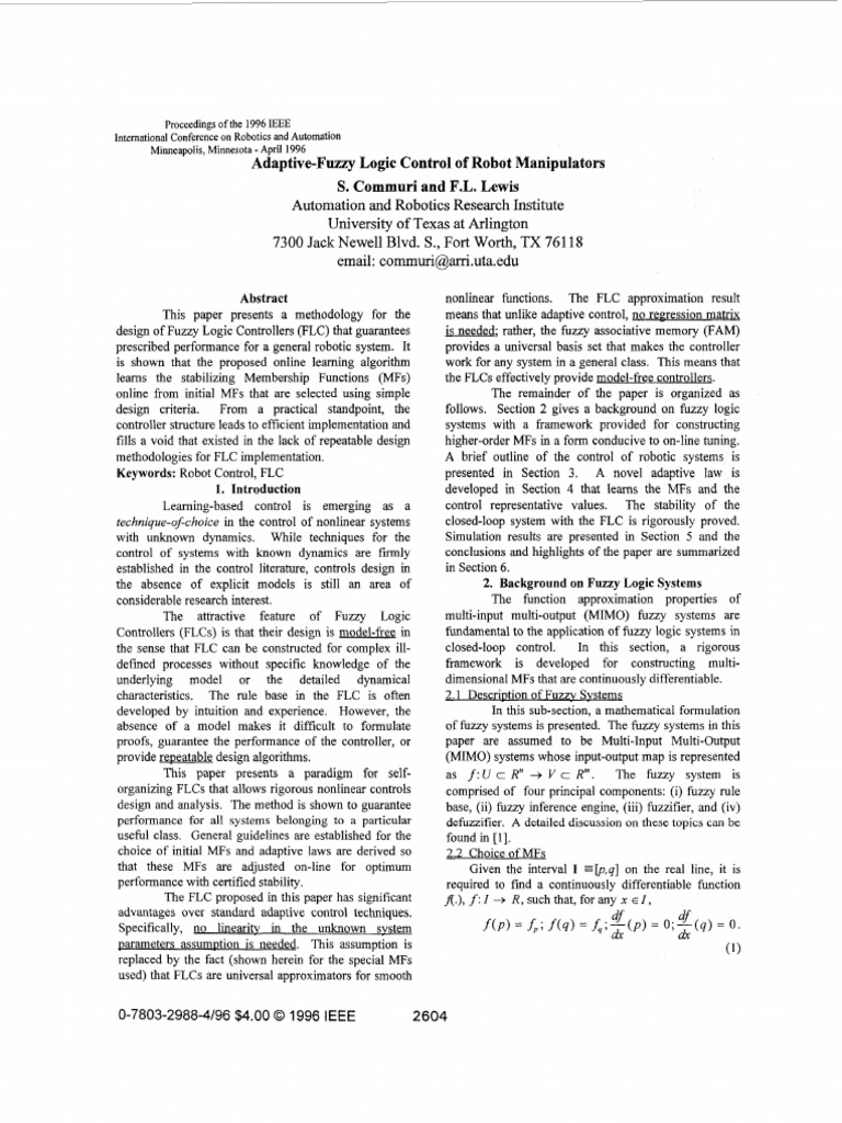 Adaptive-Fuzzy Logic Control of Robot Manipulators S. Commuri and F.L. Lewis | PDF | Fuzzy Logic ...