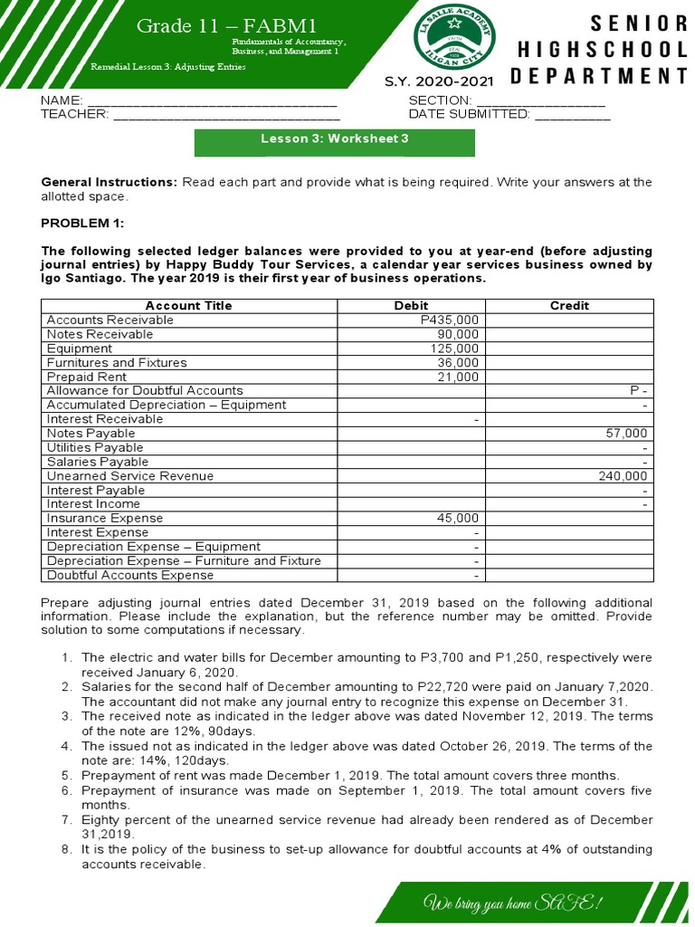 Lesson 3: Worksheet 3: Remedial Lesson 3: Adjusting Entries | PDF ...