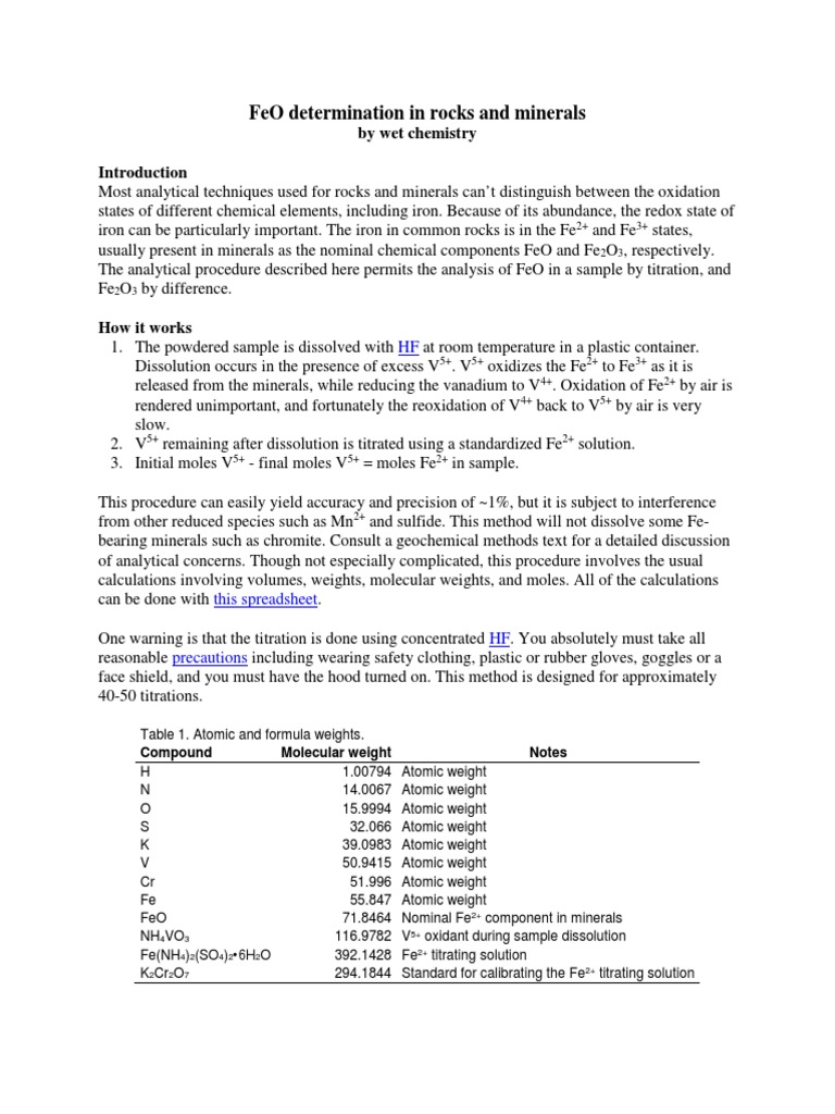 Feo Determination in Rocks and Minerals: by Wet Chemistry | PDF ...