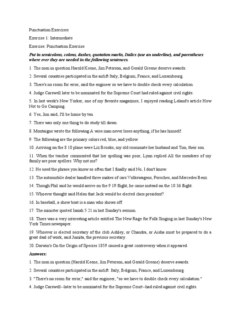 Put in Semicolons, Colons, Dashes, Quotation Marks, Italics (Use An ...