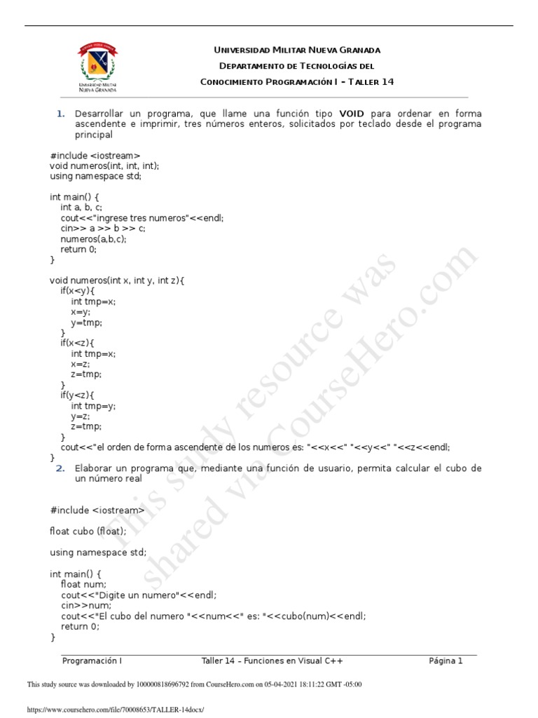 Funciones en Visual C++: Taller 14 | PDF | Programación de computadoras | Modelos de computación