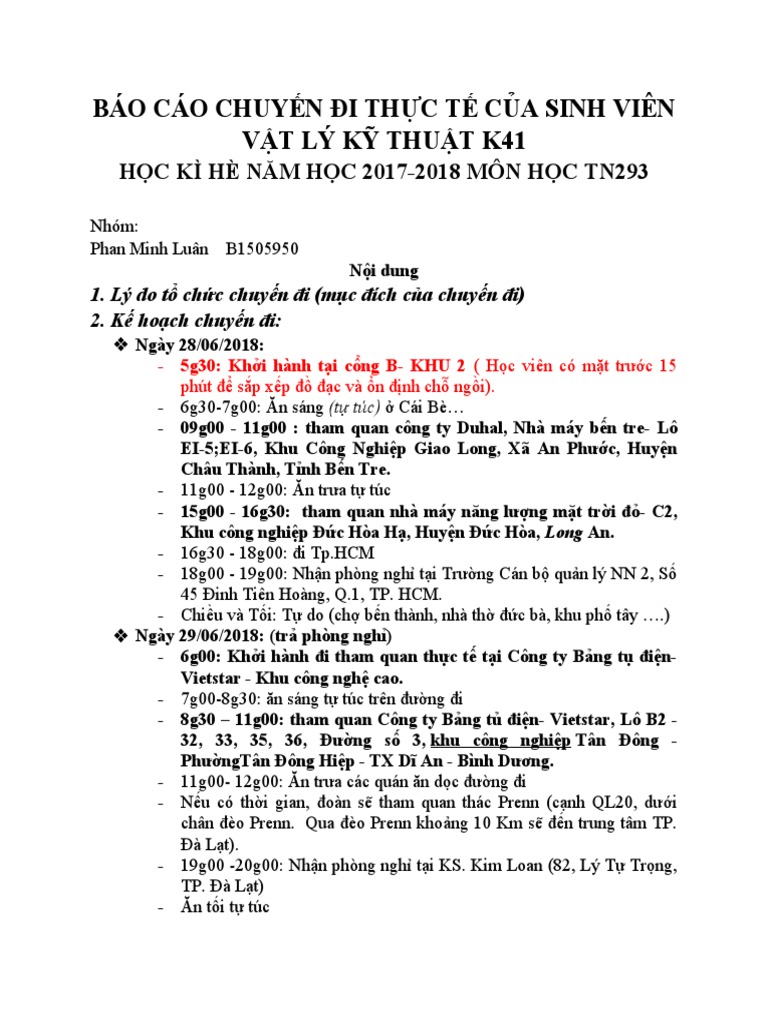 Báo Cáo Chuyến Đi Thực Tế Của Sinh Viên Vật Lý Kỹ Thuật k41 | PDF
