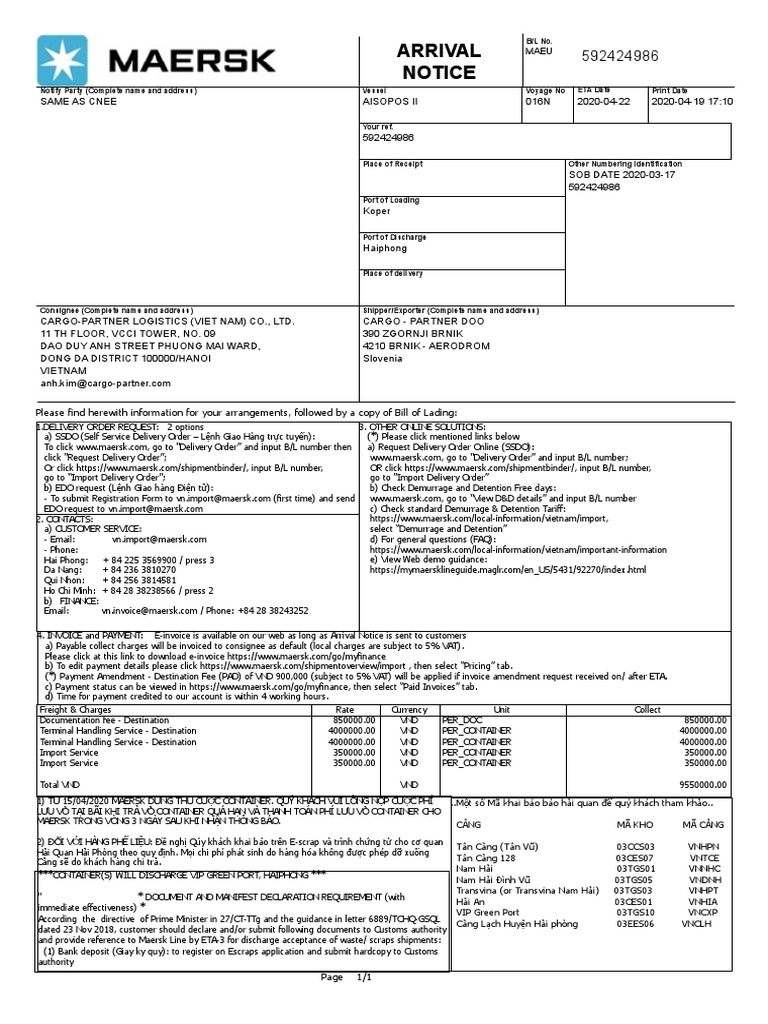 Arrival Notice - Giay Bao Hang Ve | PDF | Bill Of Lading | Contractual Term