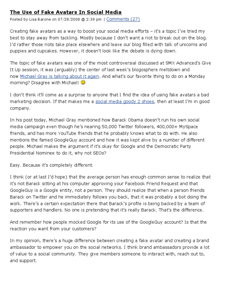 The Use of Fake Avatars in Social Media | PDF | Popular Culture & Media ...