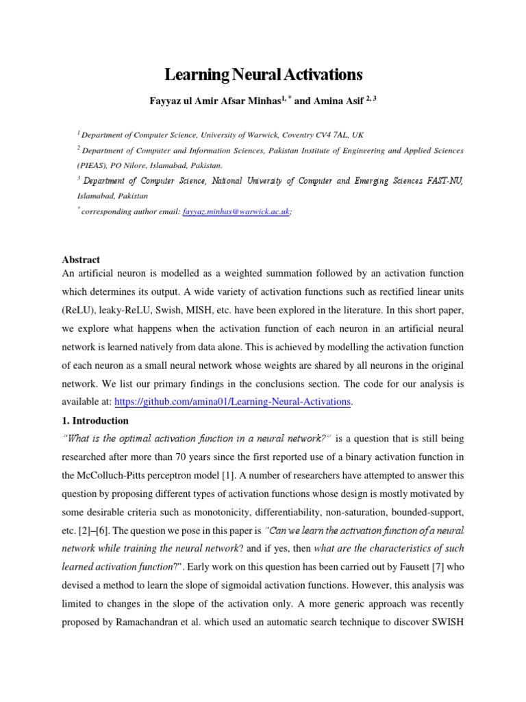 Learning Neural Activations: Fayyaz Ul Amir Afsar Minhas and Amina Asif | Download Free PDF ...