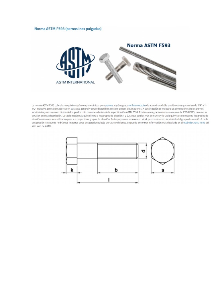 Norma ASTM F593 (Pernos Inox Pulgadas) | PDF
