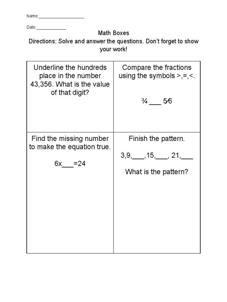 Math Boxes Directions: Solve and Answer The Questions. Don't Forget To ...