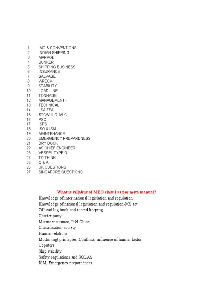 What Is Syllabus of MEO Class I As Per Meta Manual? | PDF | Sea Captain ...