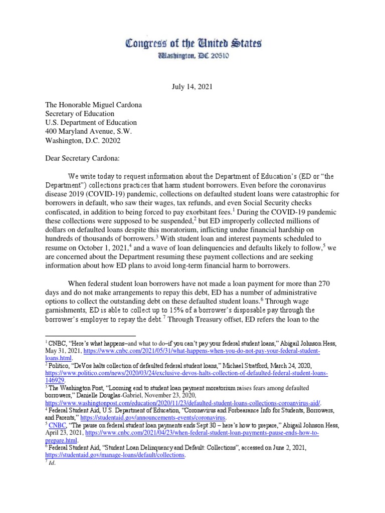 Letter To ED About Wage Garnishment and Treasury Offset | PDF | Student ...