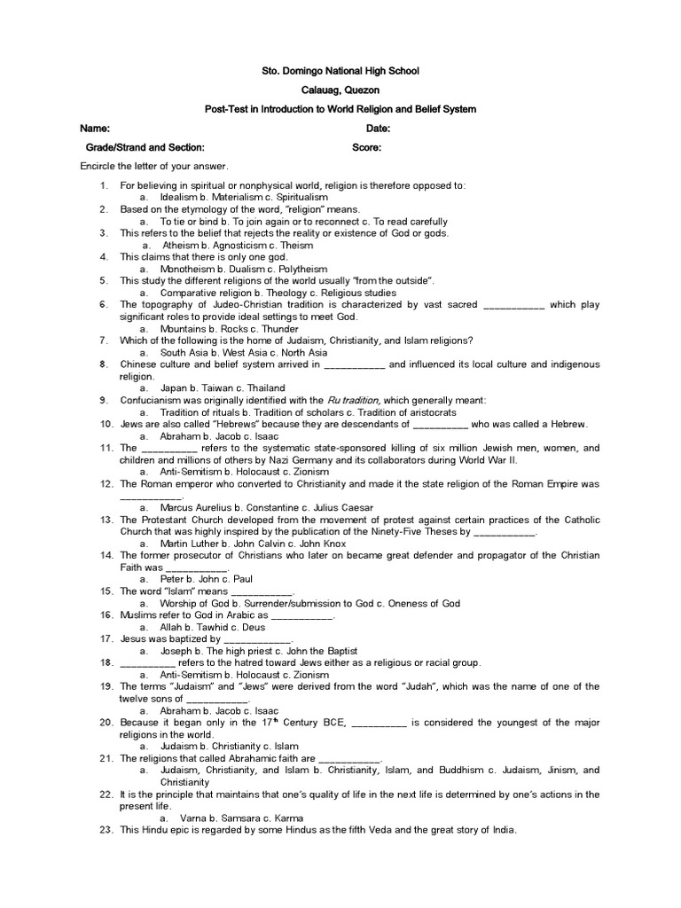 Post Test Introduction To World Religion and Belief Systems | PDF ...