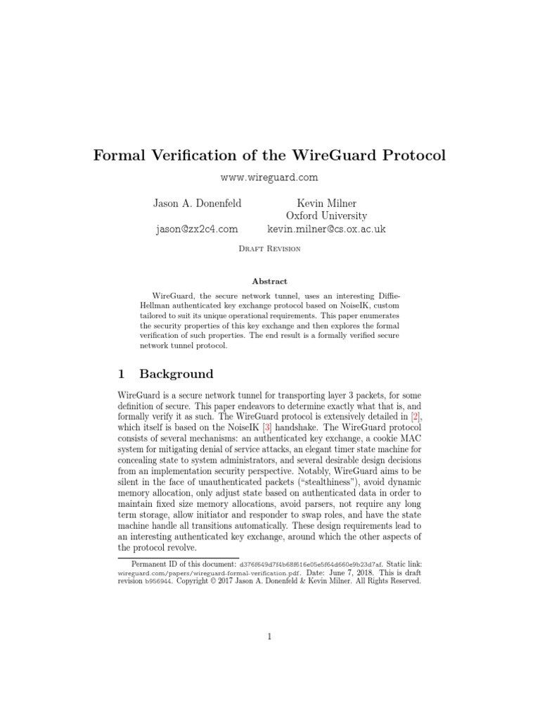 Formal Verification of The Wireguard Protocol: 1 Background | Download Free PDF | Cryptography ...