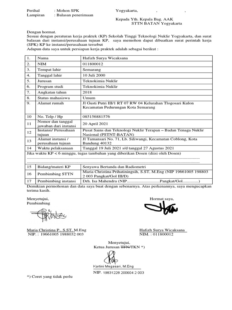 Permohonan SPK KP di PSTNT BATAN | PDF