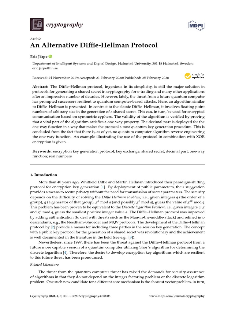 An Alternative Diffie-Hellman Protocol: Cryptography | PDF | Cryptography | Quantum Computing