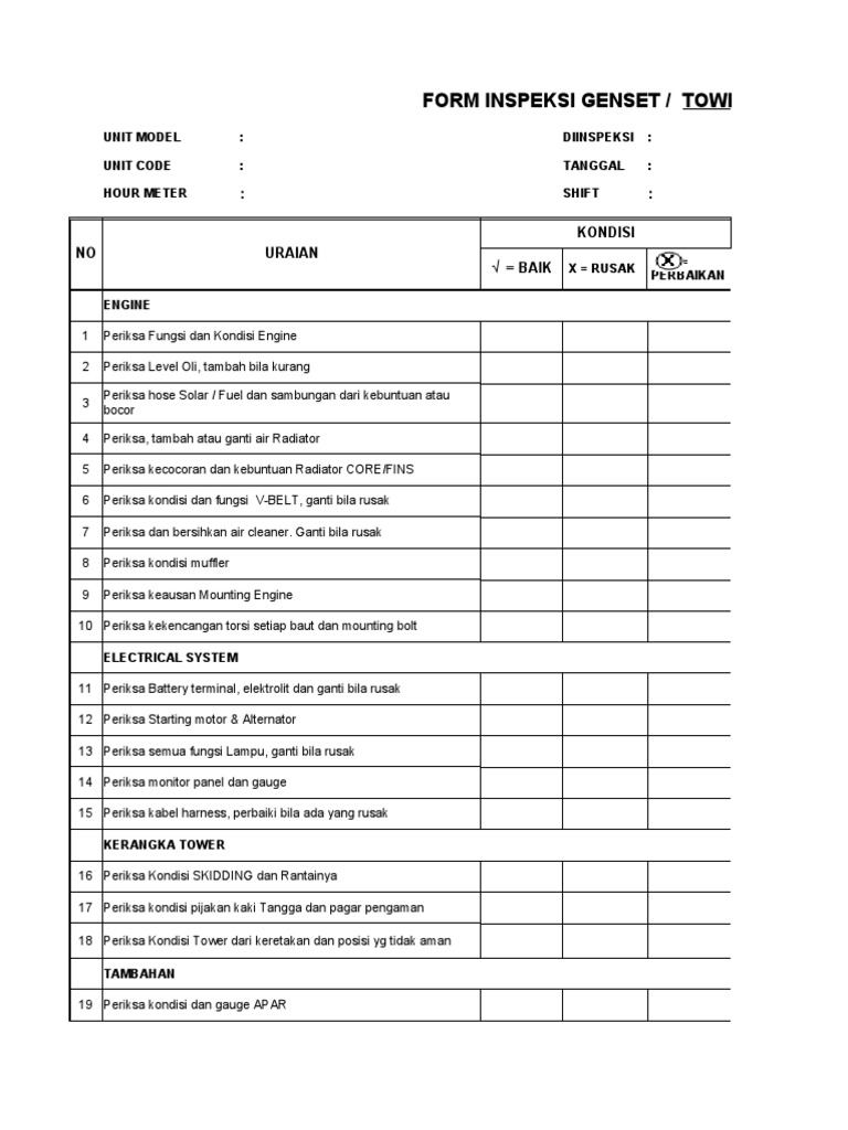 Inspection Sheet UNTUK Tower Lamp Dan Genset | PDF