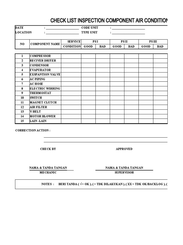 Inspection Sheet UNTUK Air Conditioner | PDF