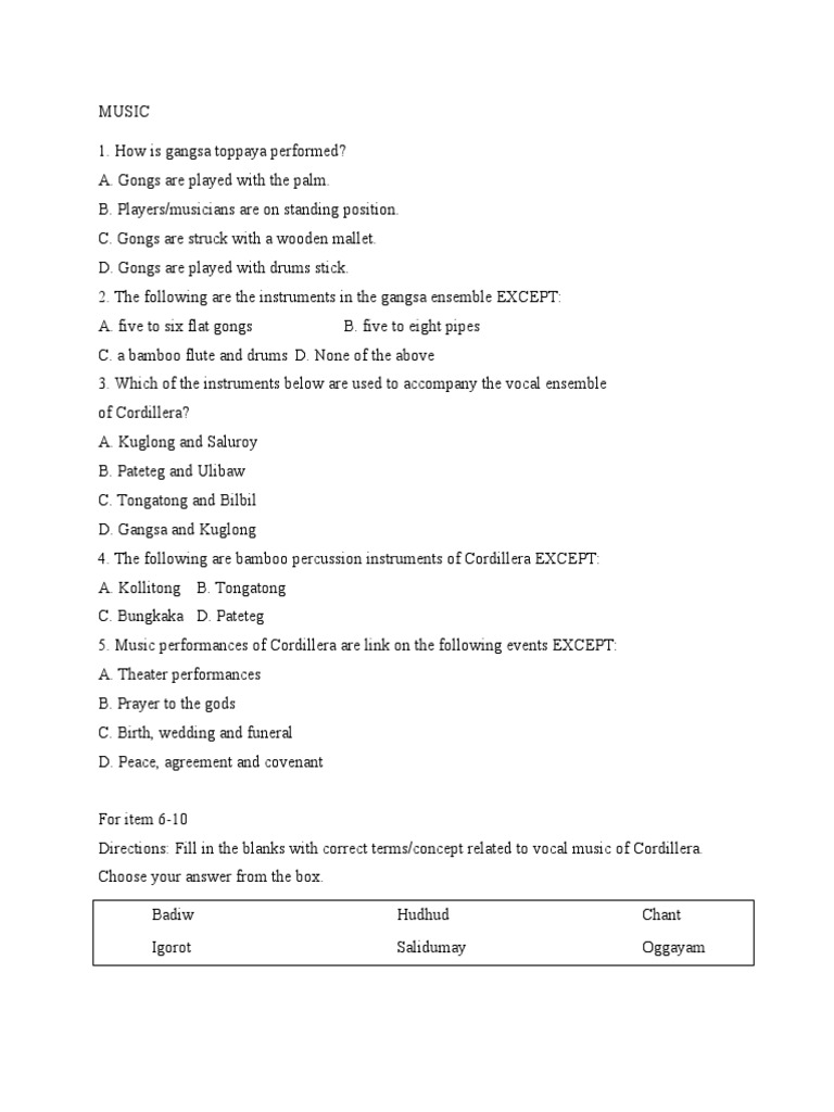 Quarter 2 Mapeh Unit Test | PDF | Musical Instruments | Sound