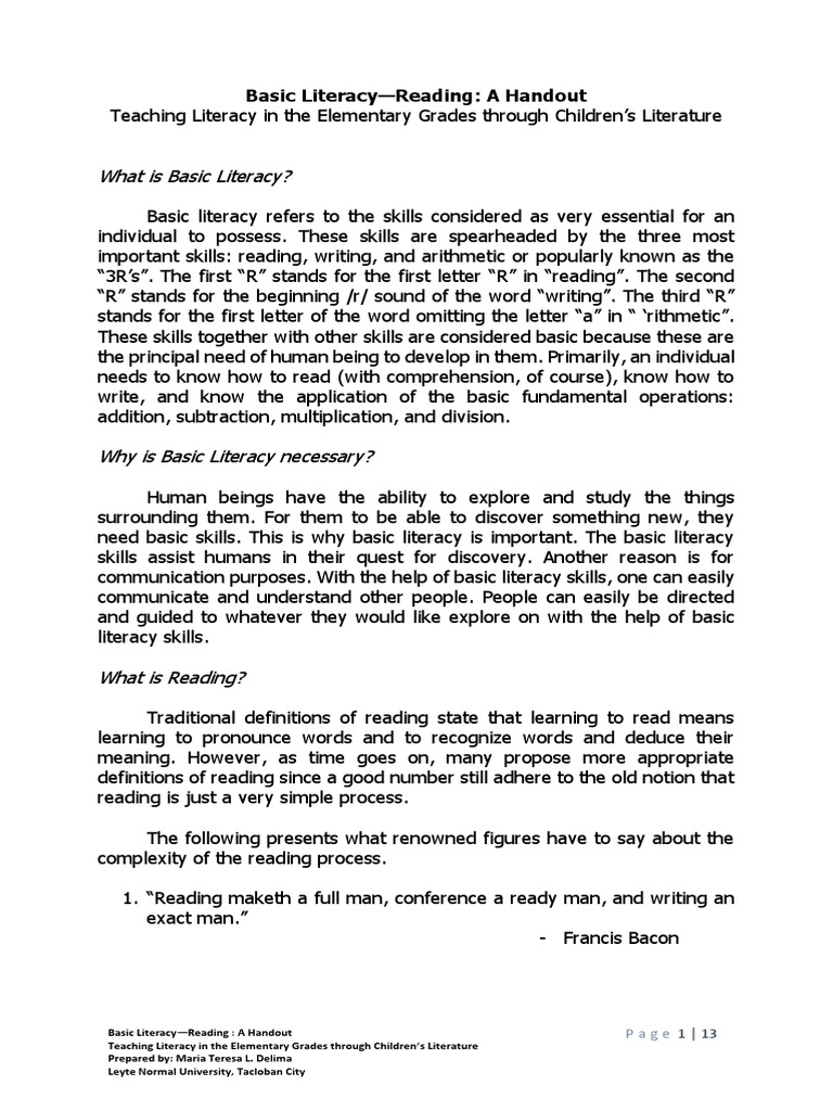 Basic Literacy-Handout | PDF | Fluency | Reading Comprehension