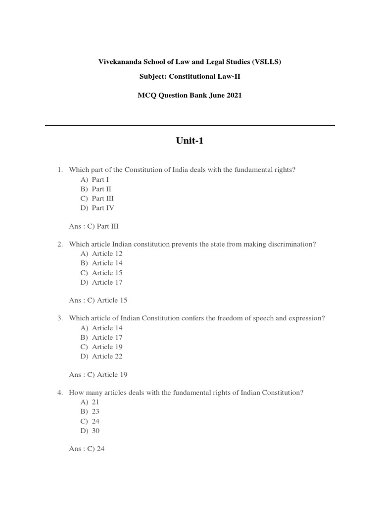 Constitution MCQ | PDF | Government | Public Law