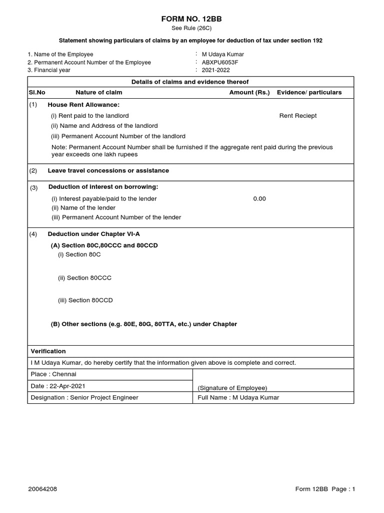 Form No. 12Bb: Statement Showing Particulars of Claims by An Employee For Deduction of Tax Under ...