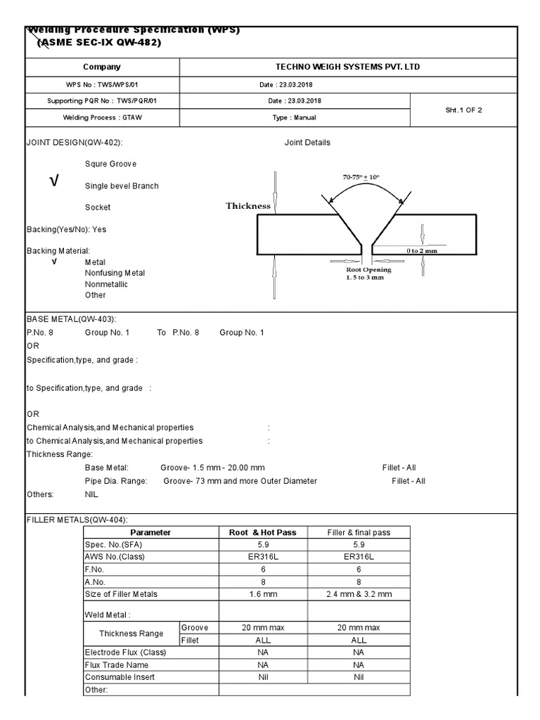 Welding Procedure Specification (WPS) (ASME SEC-IX QW-482) : Company Techno Weigh Systems Pvt ...