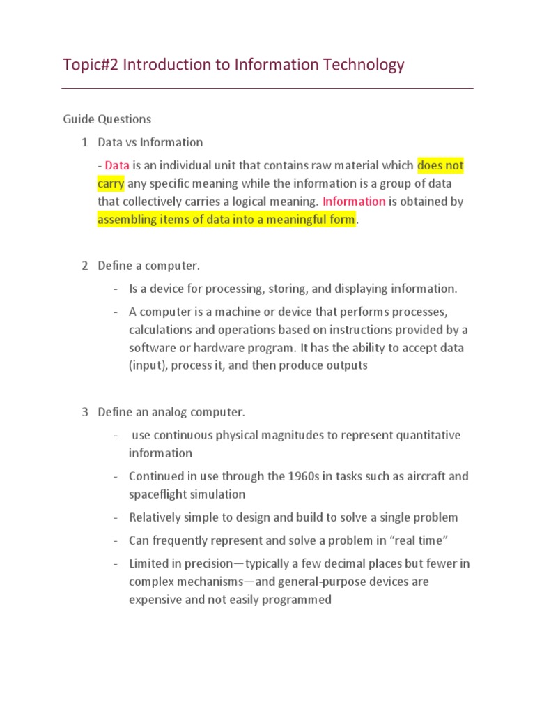 Topic#2 Introduction To Information Technology | PDF | Bit | Computer ...