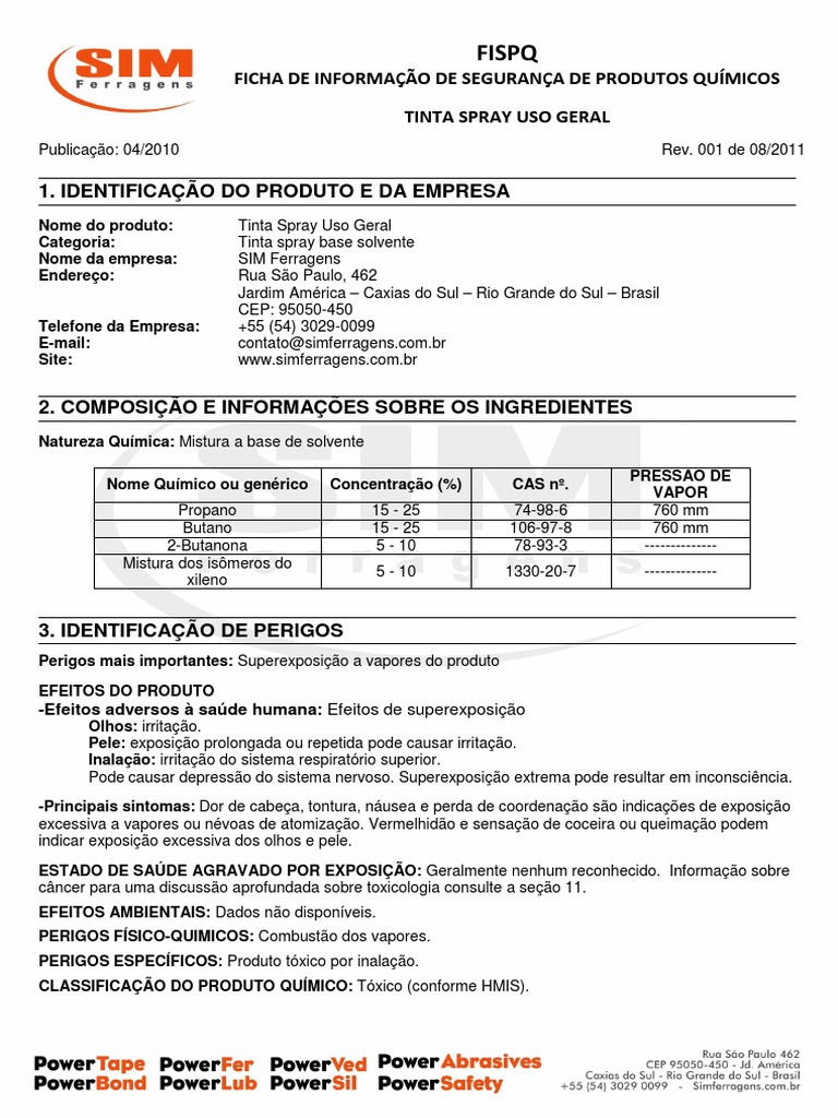 FISPQ - Tinta Spray Uso Geral | PDF | Embalagem e rotulagem | Desperdício