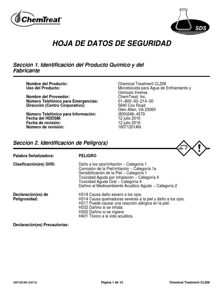 Chemical Tratment CL206 | PDF | Pesticida | Agua