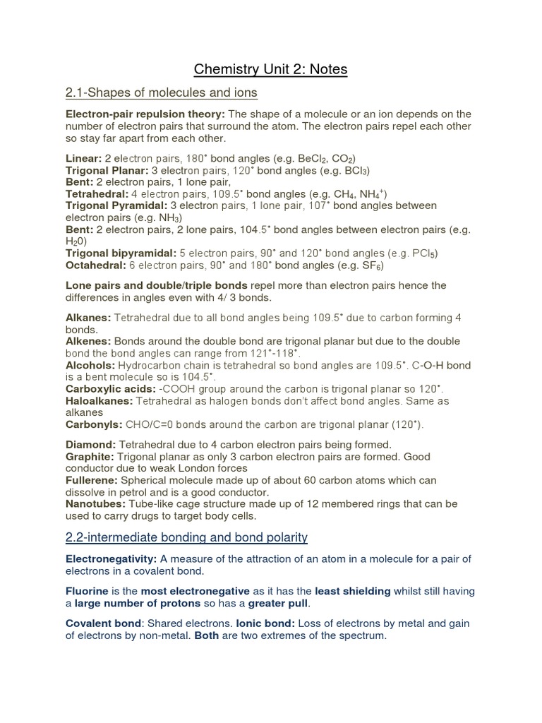 Edexcel Chemistry Unit 2 Revision Notes | PDF | Chemical Polarity ...