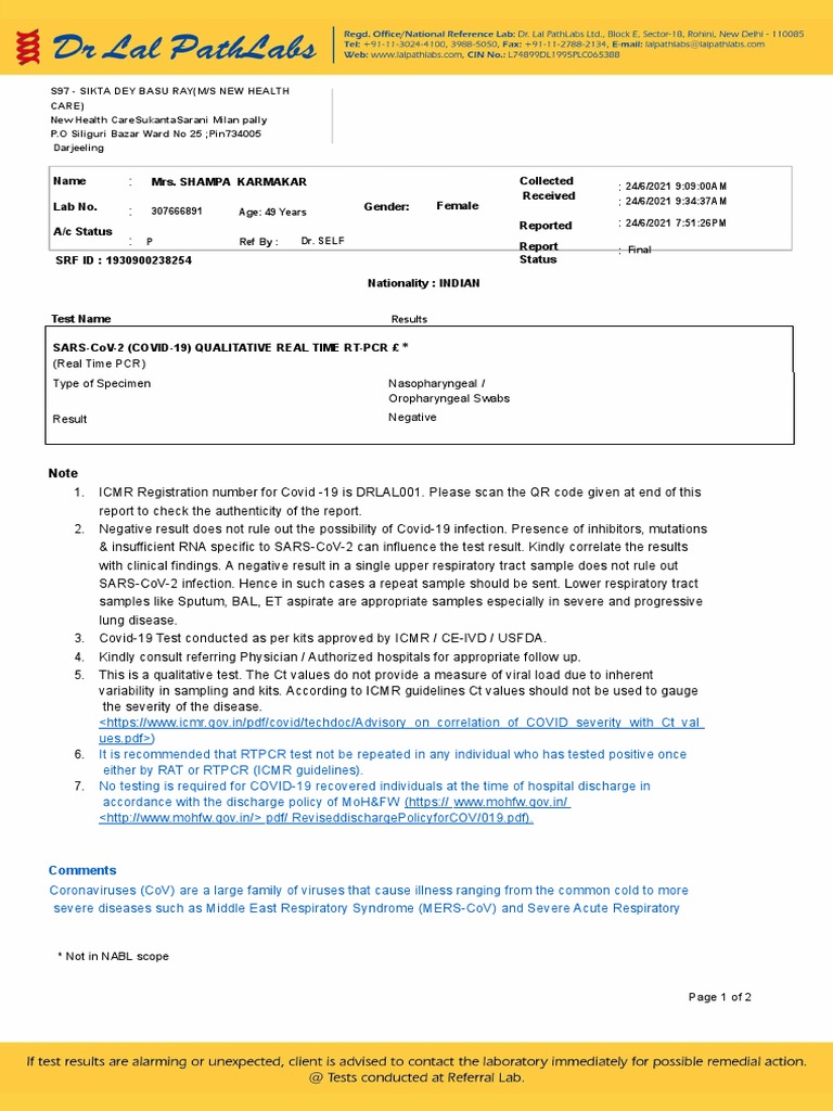 VDRL Test Report for Mrs. Shampa Karmakar | PDF | Animal Diseases ...