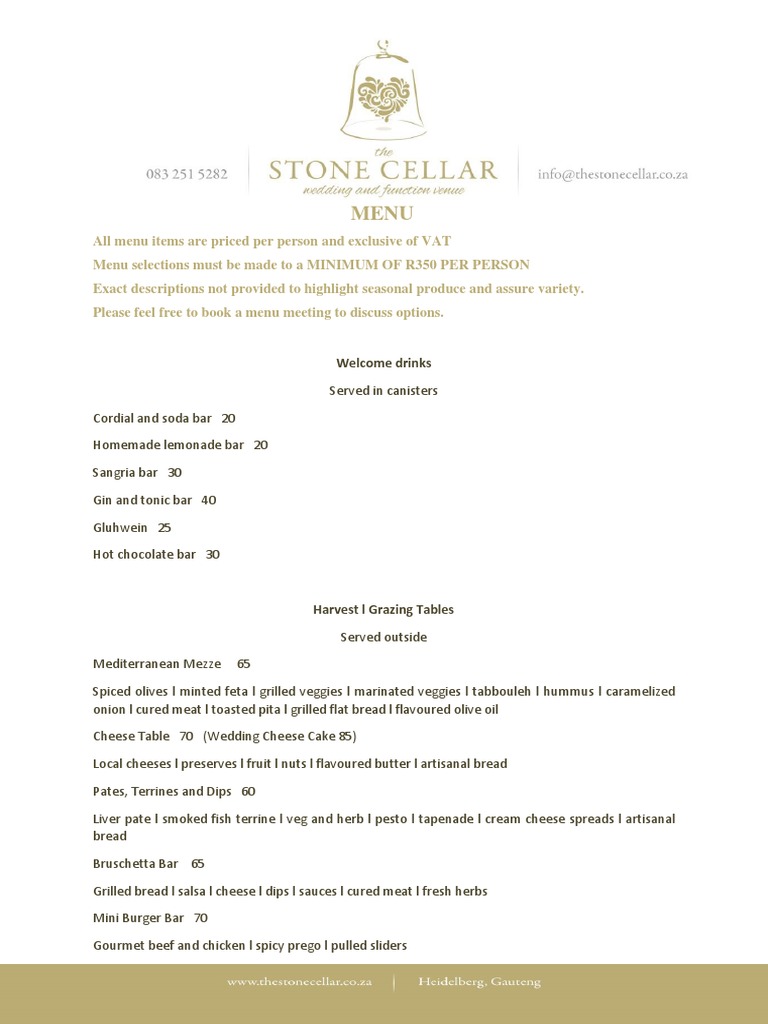 Stone Cellar Event Menu Options | PDF | Salad | Desserts