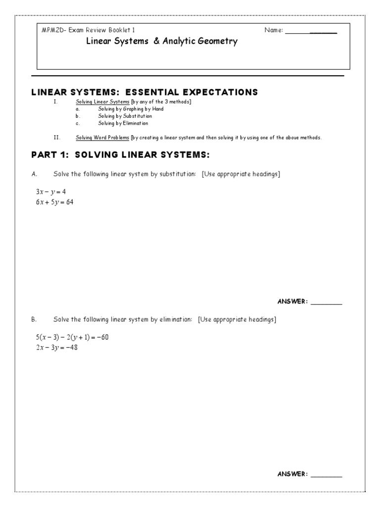 Linear Systems & Analytic Geometry: MPM2D-Exam Review Booklet 1 Name ...