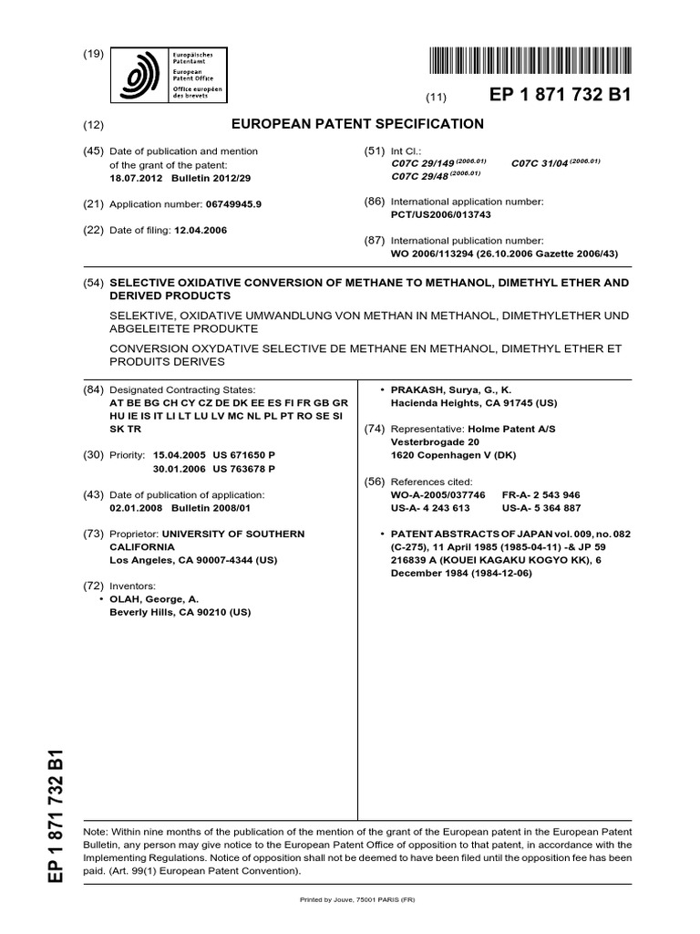 European Patent Specification: Derived Products | PDF | Methanol ...