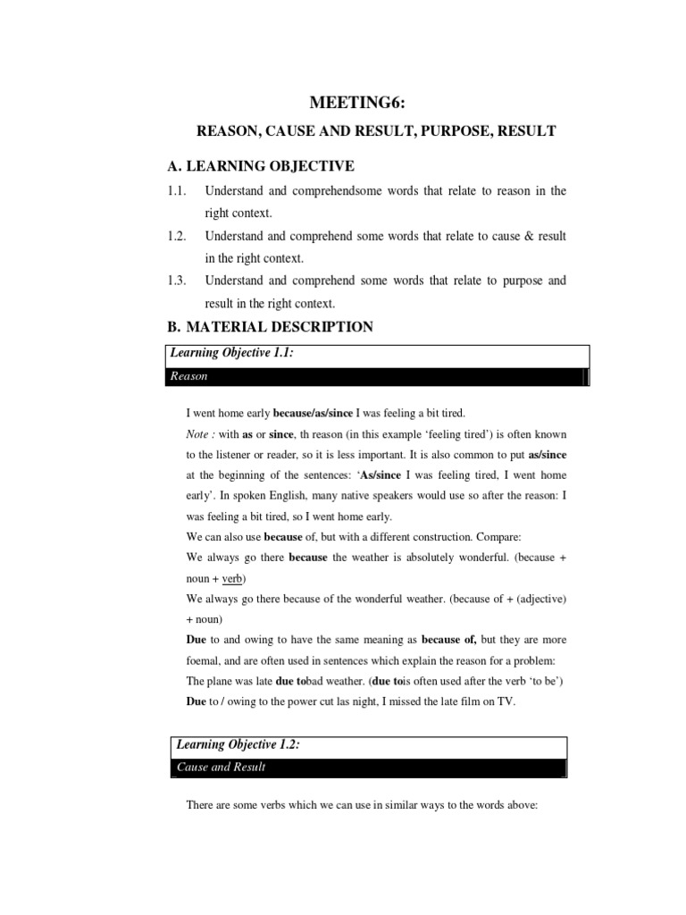 Pertemuan 6 - Reason, Cause and Result, Purpose, Result | PDF | Verb ...