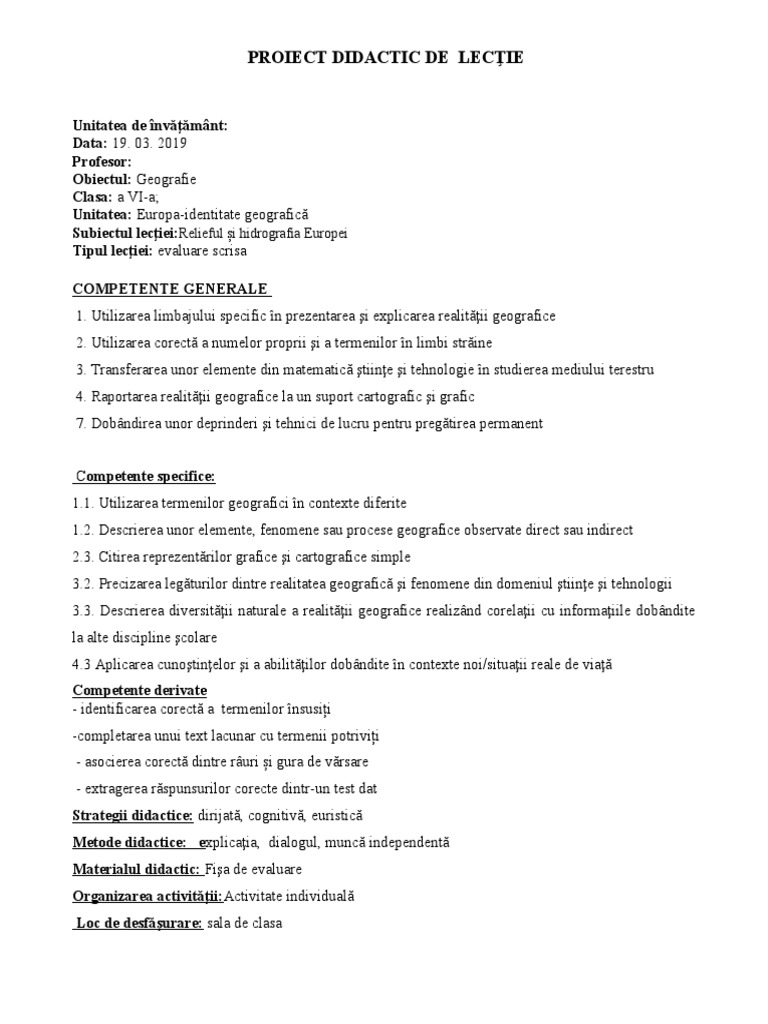 Proiect Evaluare Clasa 6 Relieful Si Hidrografia | PDF