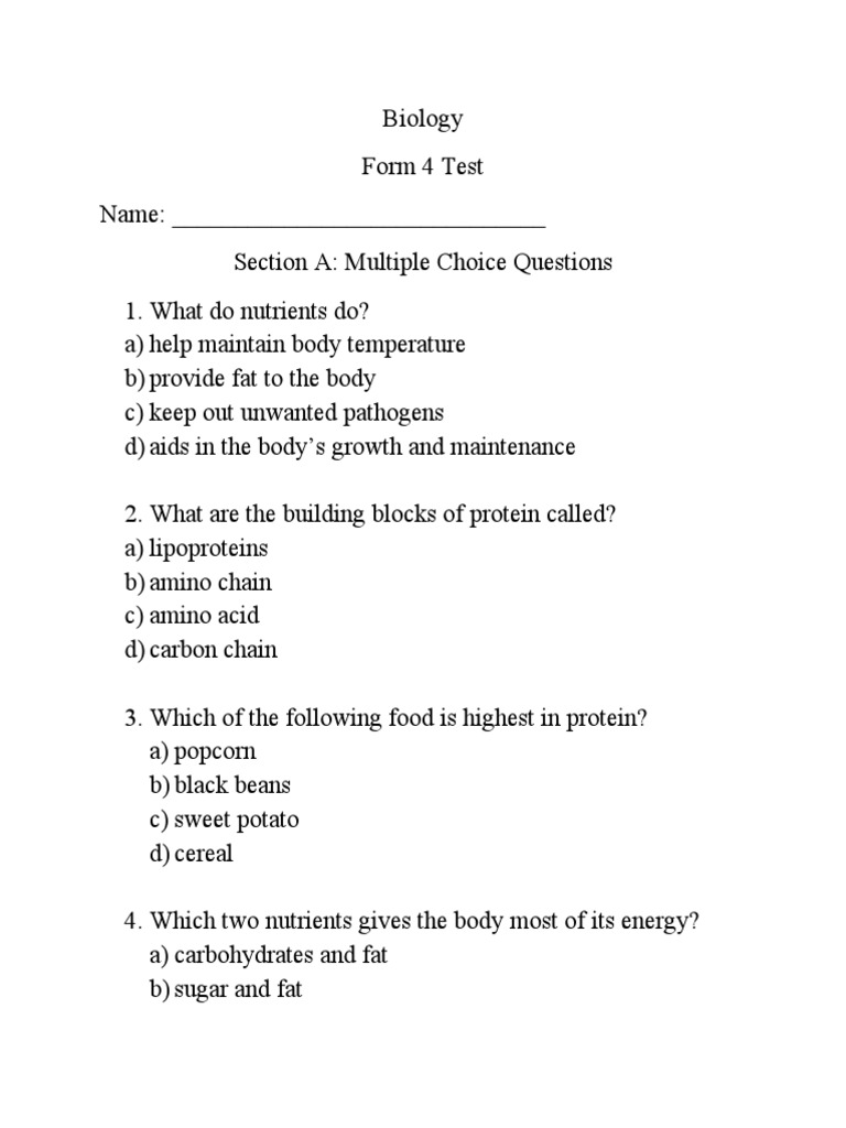 Form 4 Biology Test | PDF | Nutrients | Carbohydrates