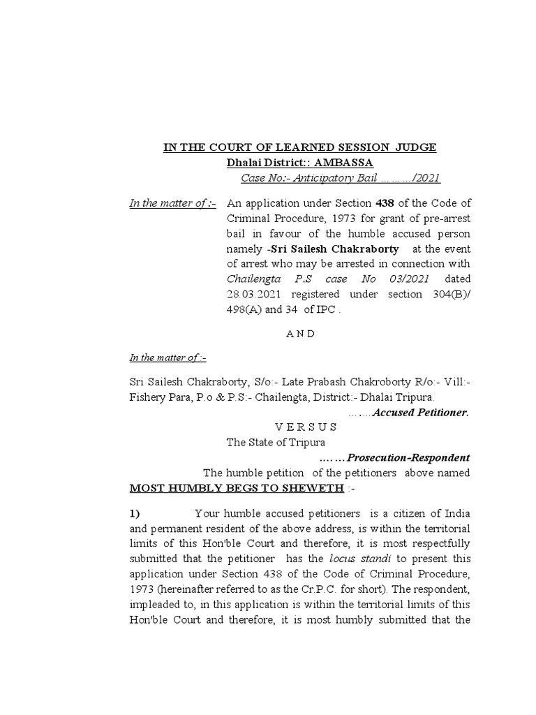 Anticipatory Bail Application Pdf Bail Arrest